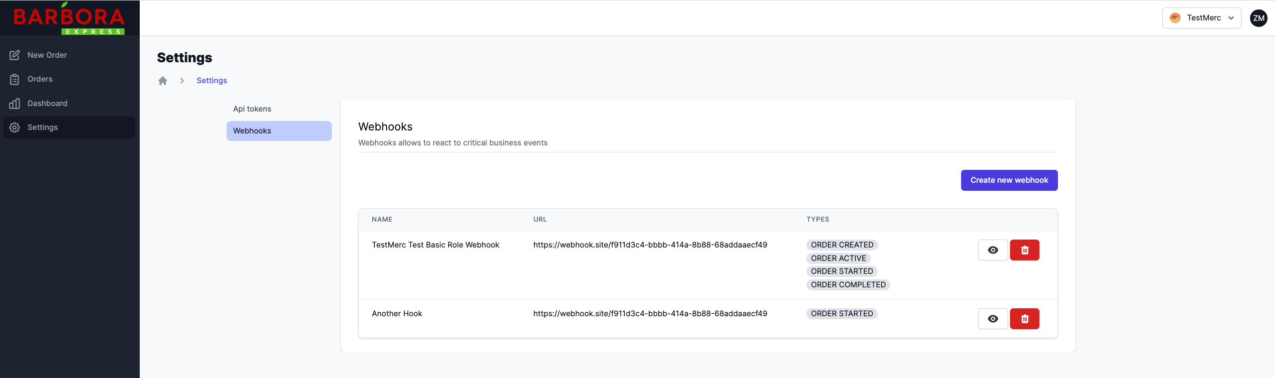 Webhooks | Barbora Express